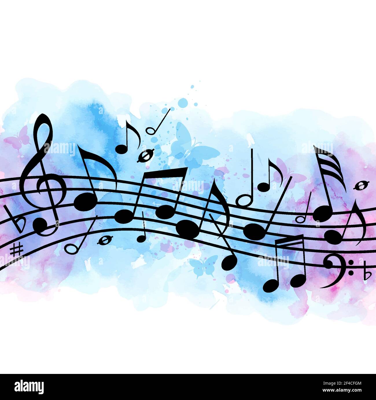 Abstrakter Vektor-Musik-Hintergrund mit Noten und blauen Aquarell ...