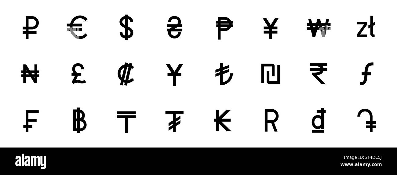 Währungszeichen verschiedener Länder. Satz schwarzer Währungssymbole. Vektorgrafik Stock ...
