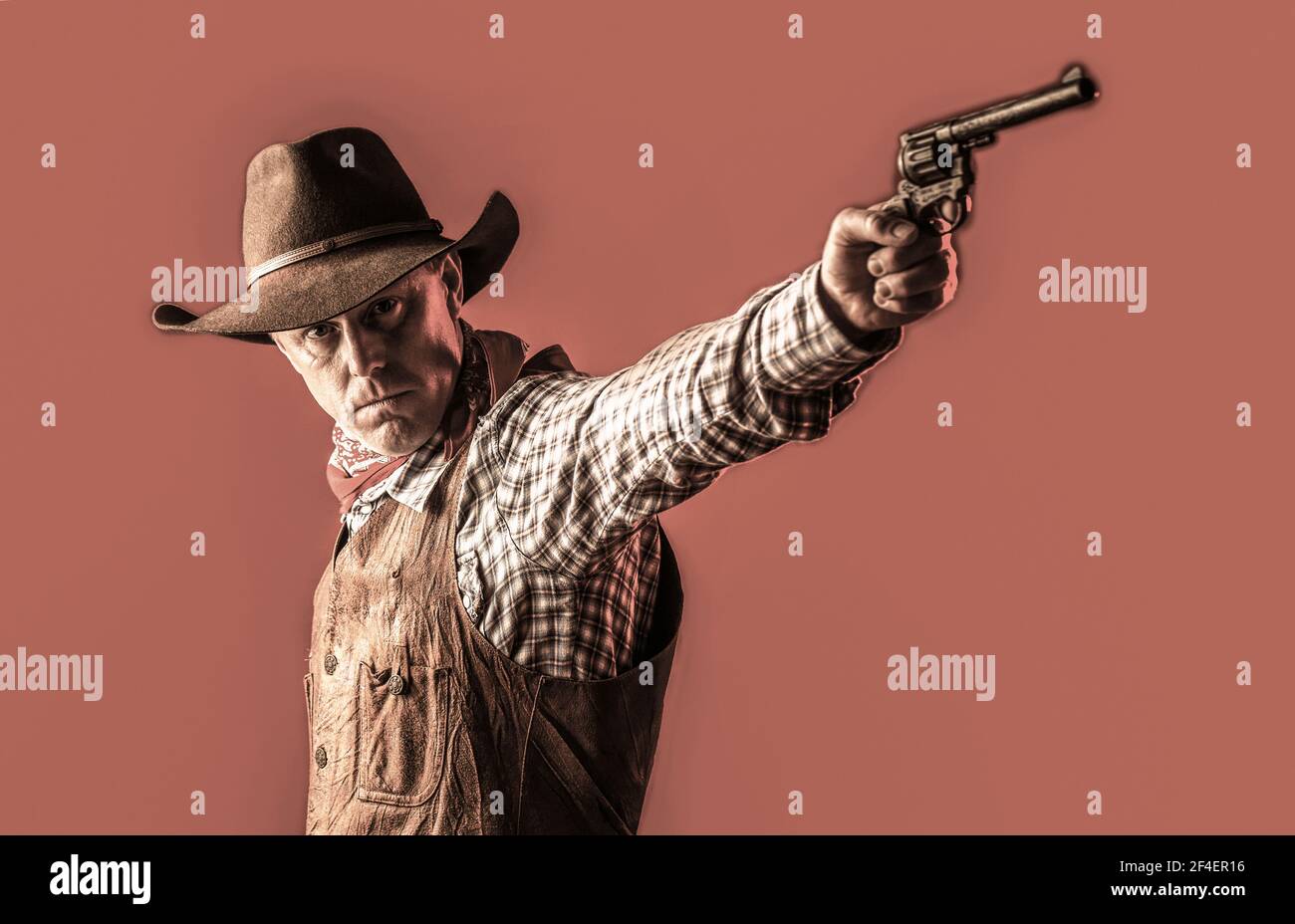 West, Waffen. Amerikanischer Bandit in Maske, westlicher Mann mit Hut ...