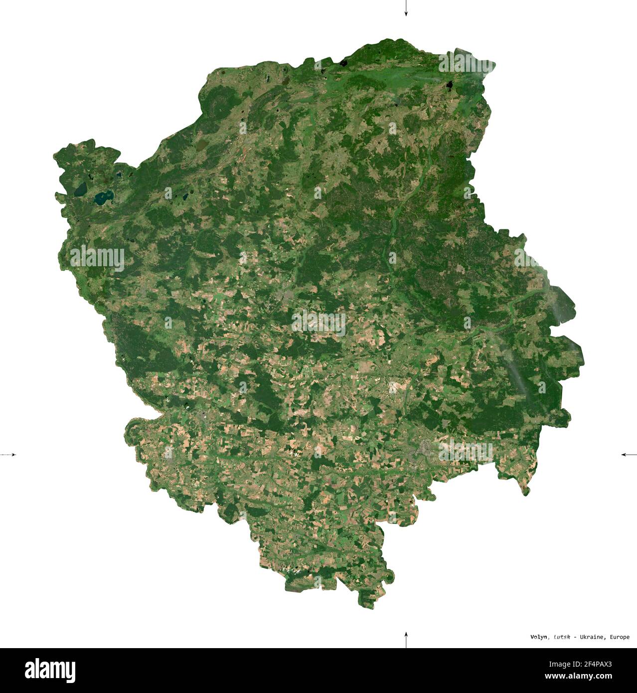 Wolyn, Region der Ukraine. Sentinel-2 Satellitenbilder. Form isoliert ...