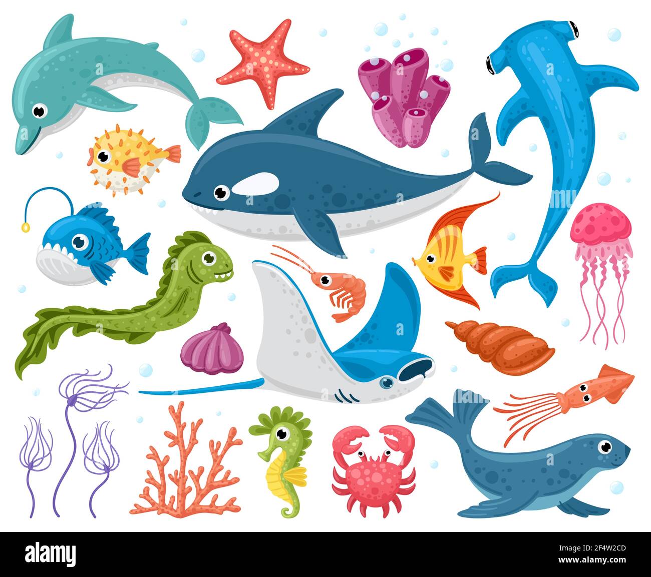 Meerestiere. Cartoon marine Wildtiere Kreaturen, Orca, Stachelrochen ...