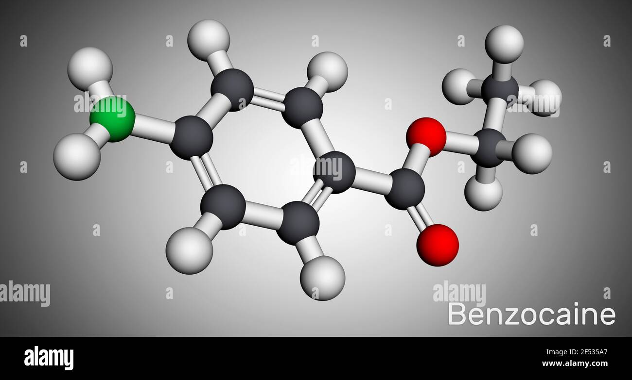 Benzocain-Molekül. Es handelt sich um Lokalanästhesie. Molekularmodell ...