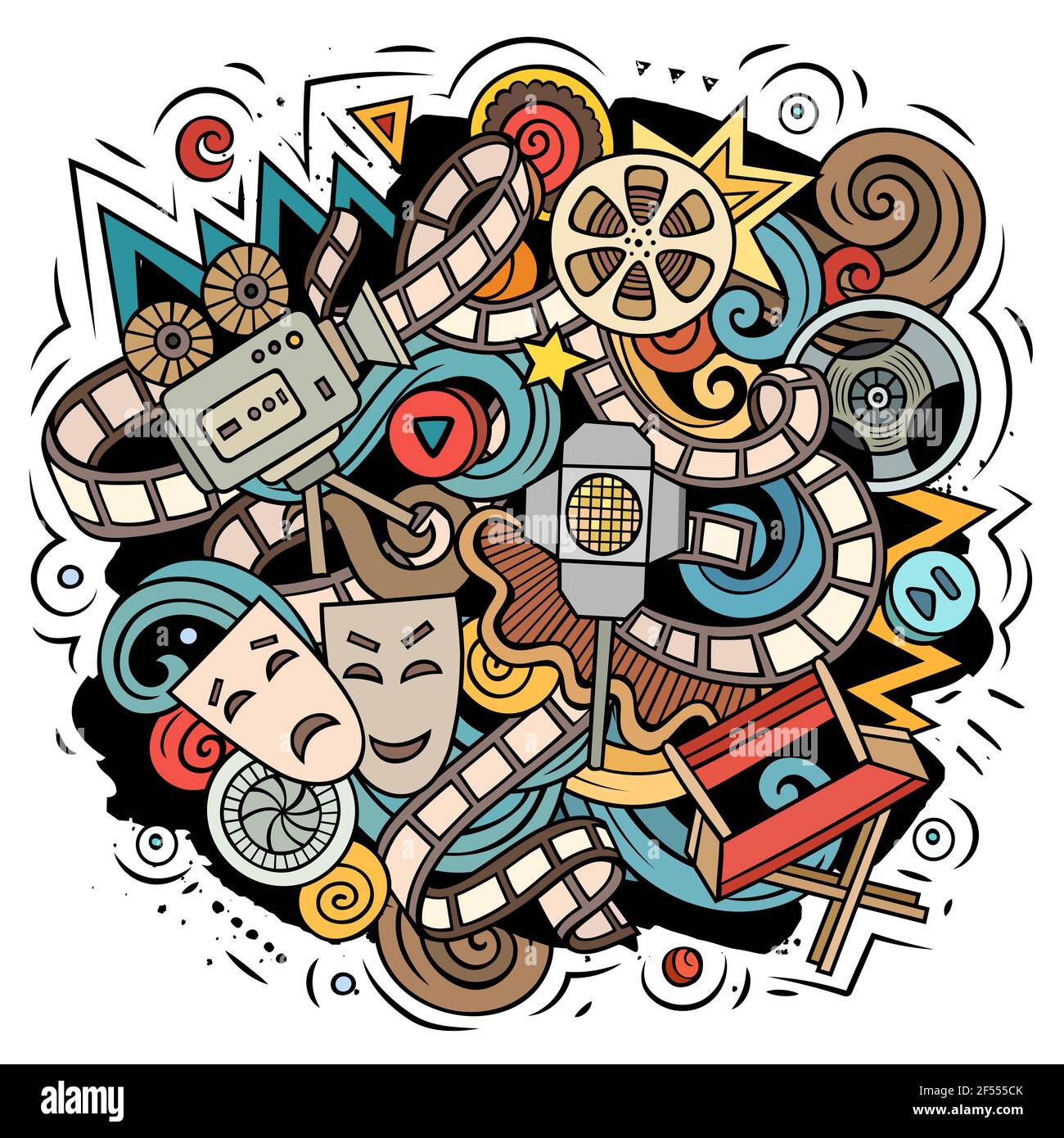 Kino Cartoon Vektor Doodle Design. Farbenfrohe, detailreiche ...