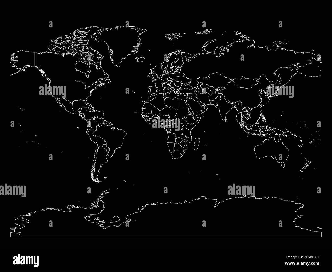 Weltkarte mit Landesgrenzen, dünne weiße Umrisse auf schwarzem ...