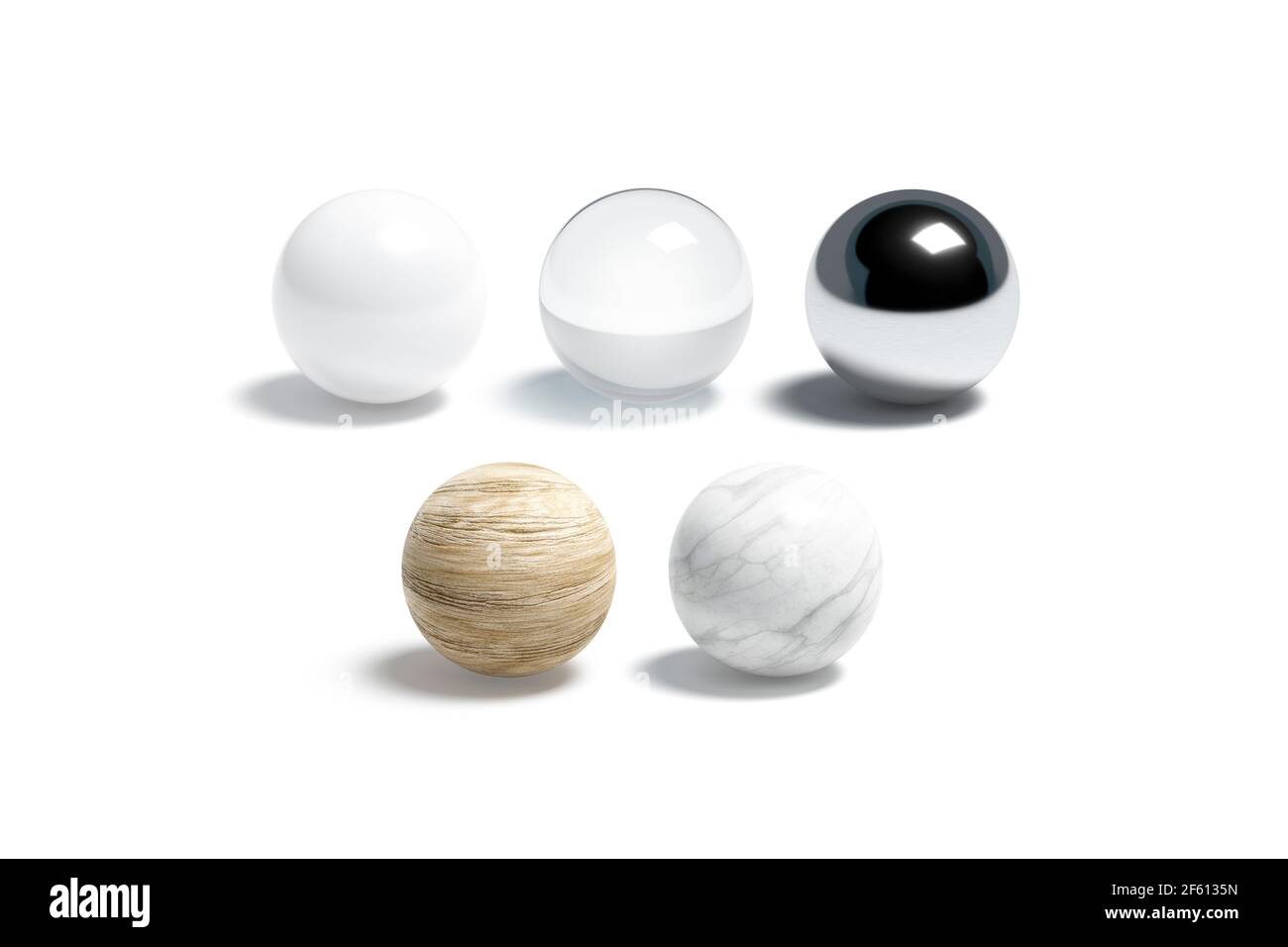Blanke Glas, Metallic, Holz und Marmor Ball Mockup Set Stockfotografie ...
