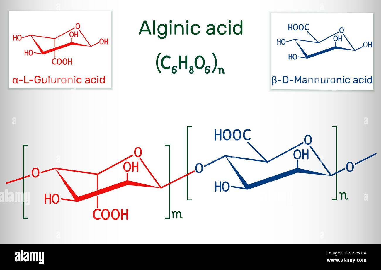 Alginsäure, Alginat-Molekül. Es ist Polysaccharid ...