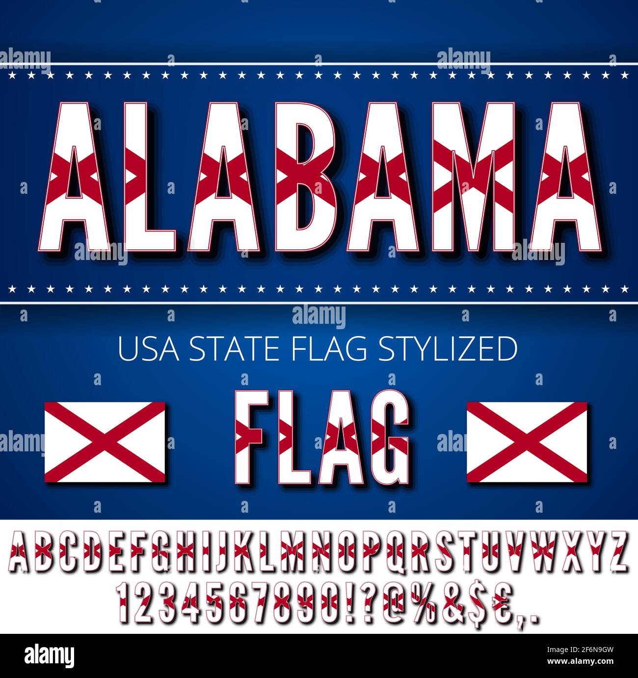 Schriftart der US-Bundesstaaten von Alabama. Alphabet, Zahlen und ...