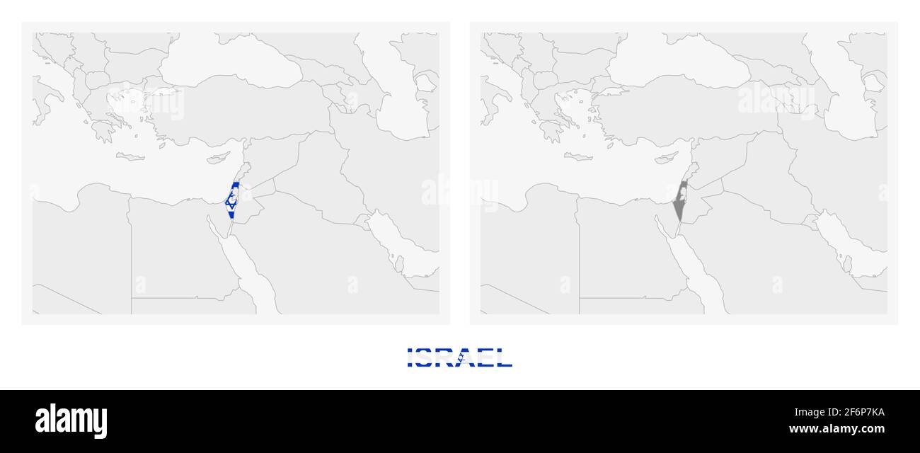 Zwei Versionen der Karte von Israel, mit der Flagge von Israel und in dunkelgrau hervorgehoben ...