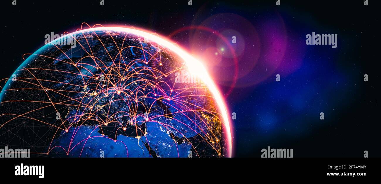 Globale Netzwerk-Verbindung, die die Erde mit Linien der innovativen ...