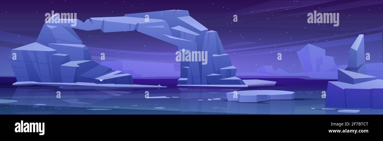 Arktische Landschaft mit schmelzendem Eisberg und Gletschern im Meer bei Nacht. Konzept der ...