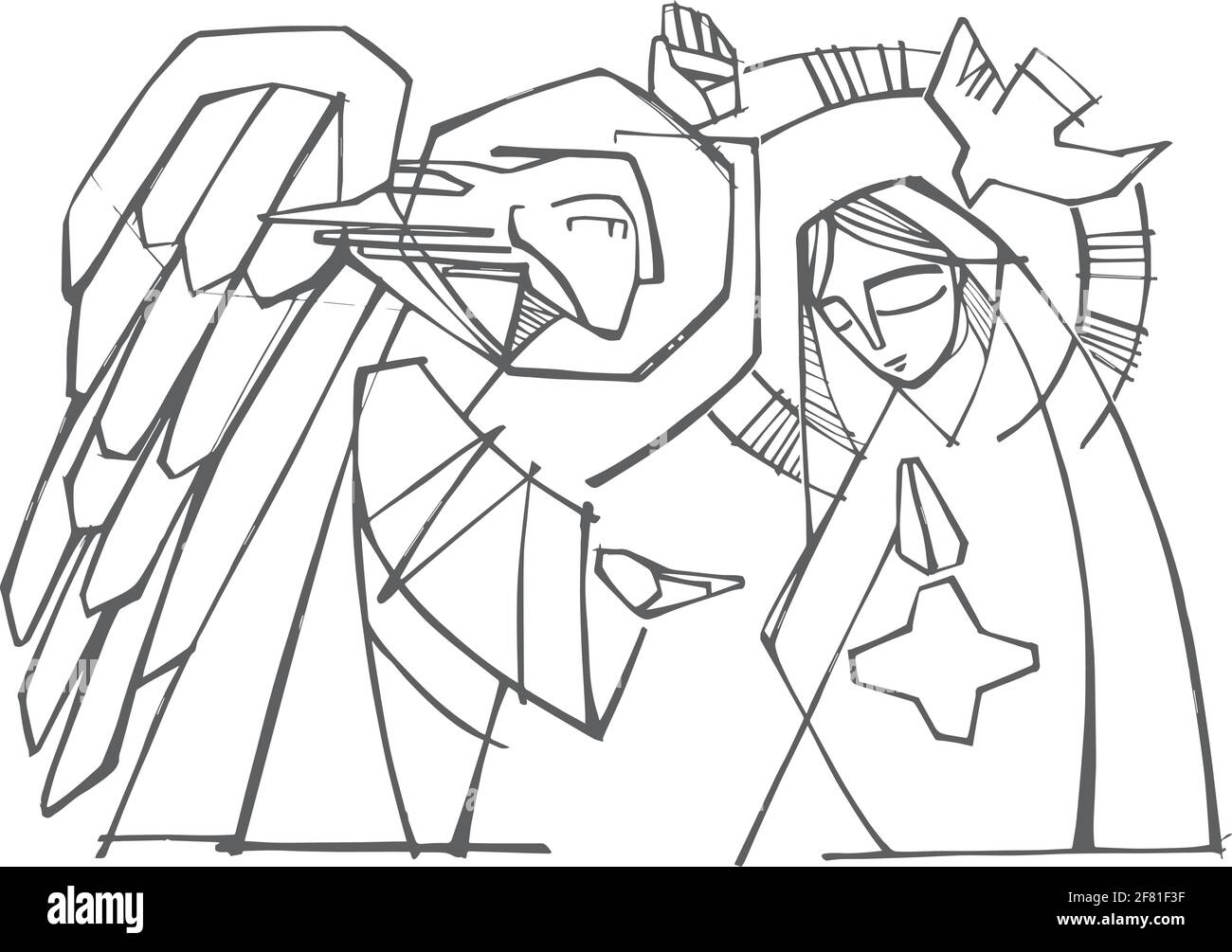 Handgezeichnete Vektorgrafik oder Zeichnung von Angel Gabriel und Jungfrau Maria bei der ...