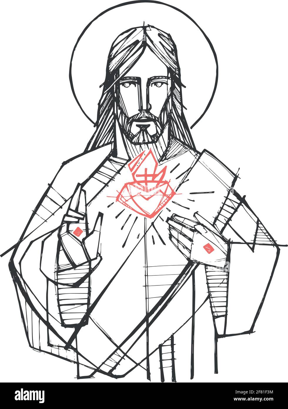 Handgezeichnete Illustration oder Zeichnung von Jesus Christus und Heiliger Herz Stock ...