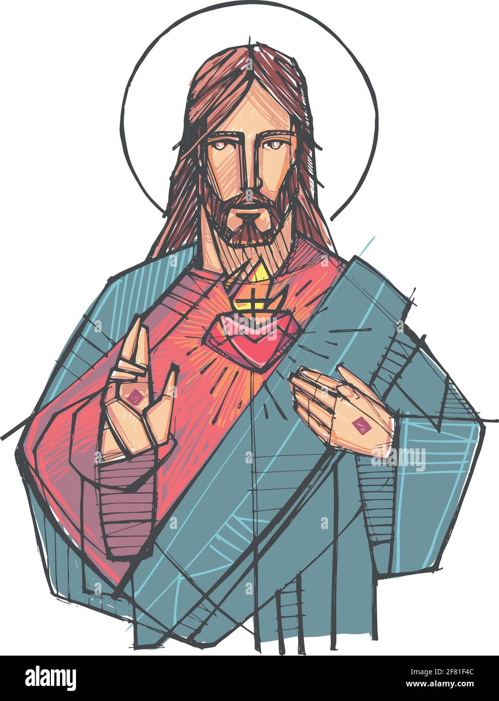 Handgezeichnete Vektor-Illustration oder Zeichnung von Jesus Christus und Heiliges Herz Stock ...