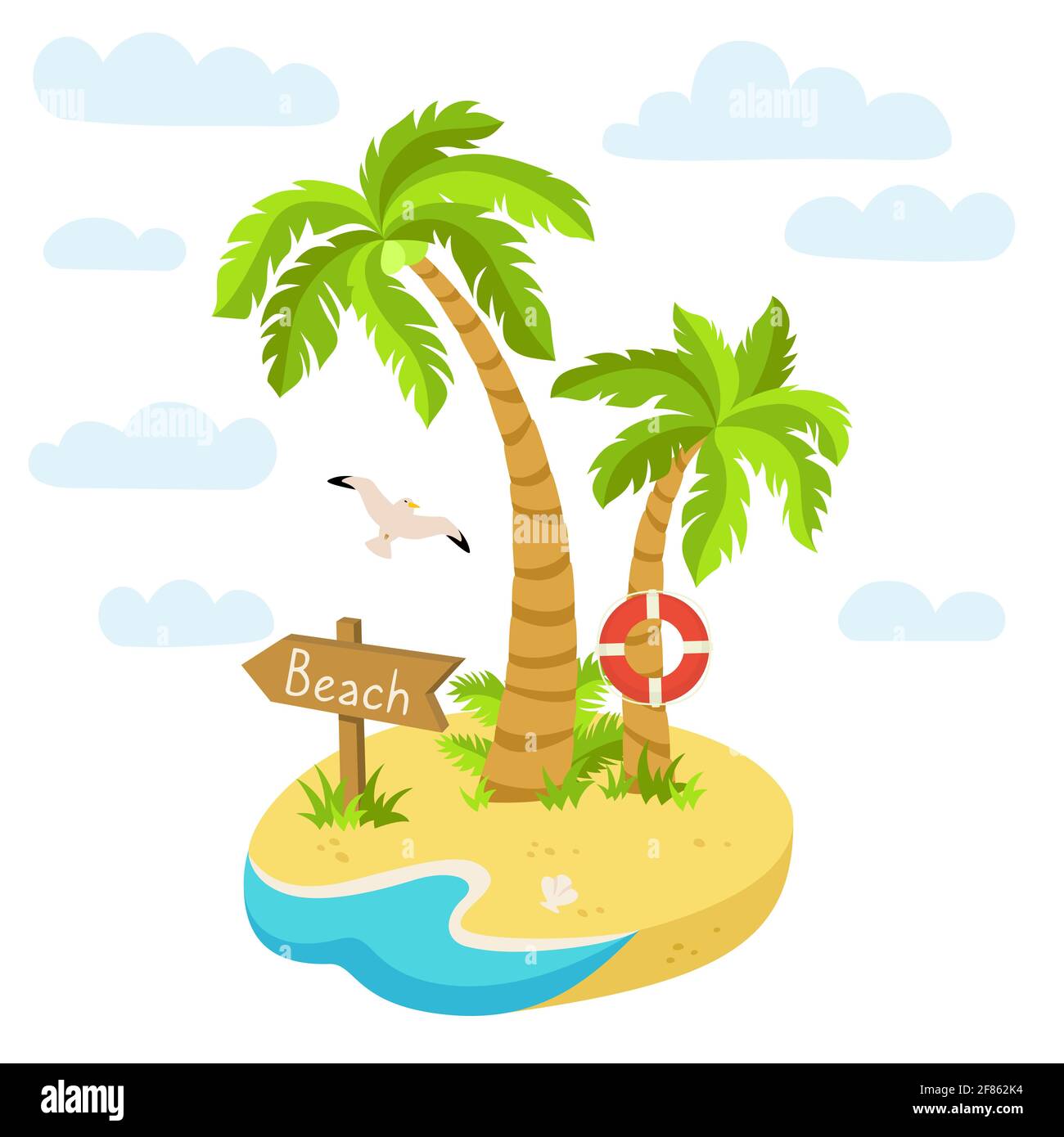 Tropischer Strand flache Cartoon-Insel. Palmen und Möwen, Meersand ...