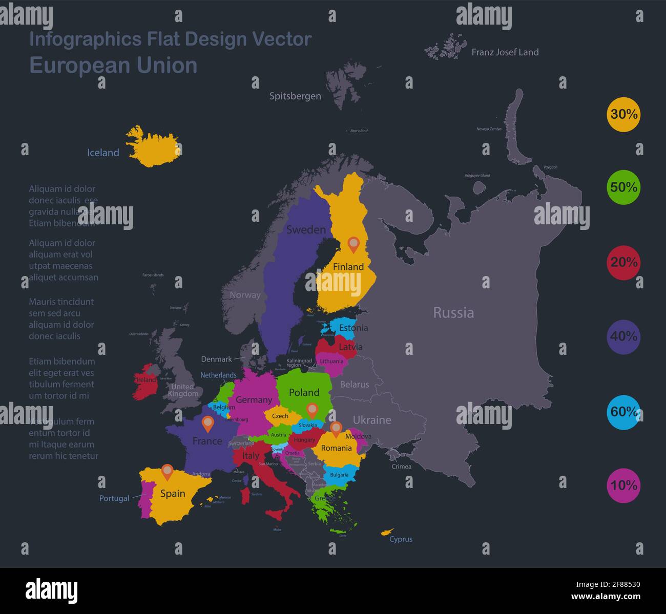 Infografiken Europäische Union Karte, flache Designfarben, mit Namen ...