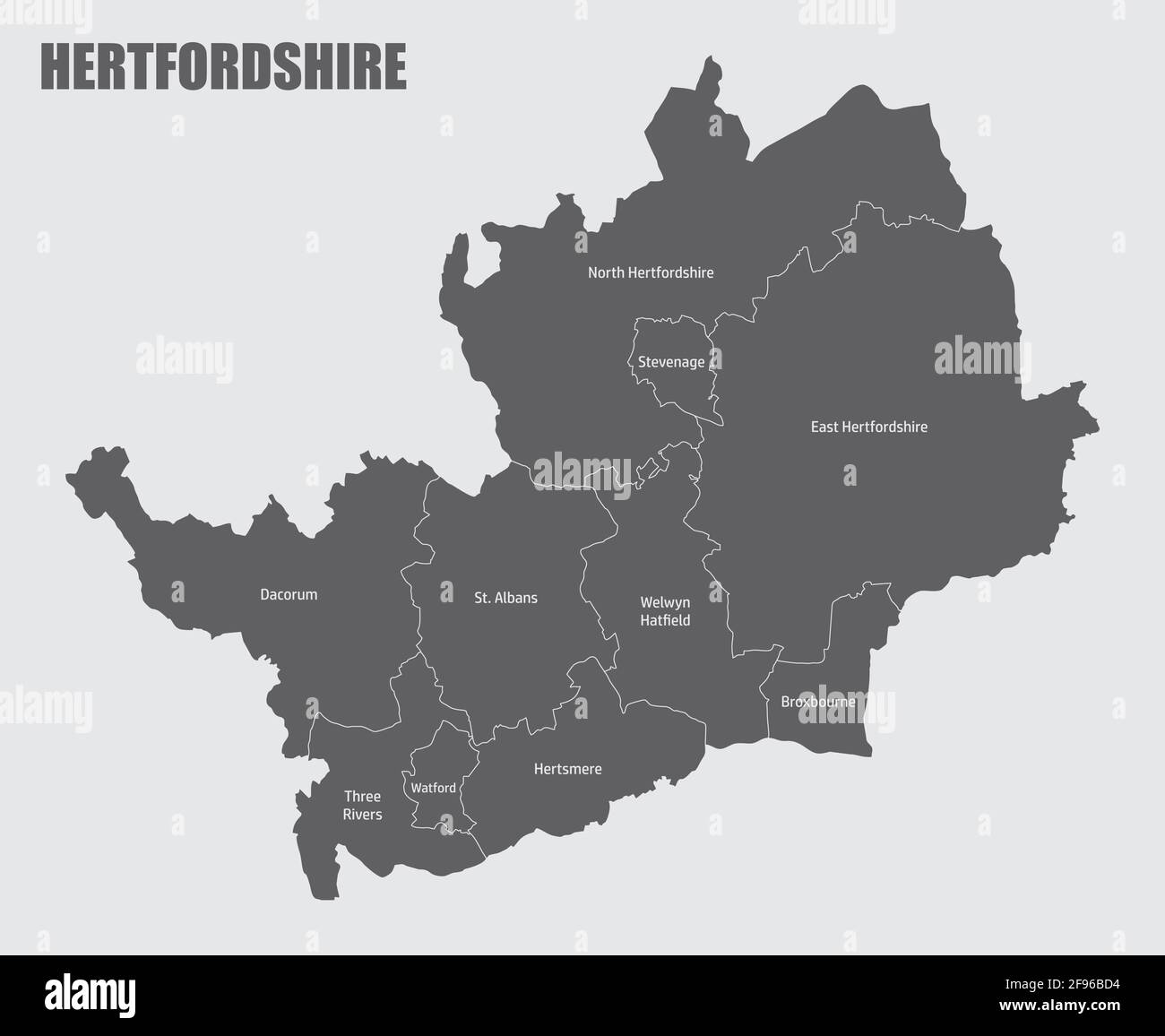 Die isolierte Karte der Grafschaft Hertfordshire, die in Bezirke mit ...