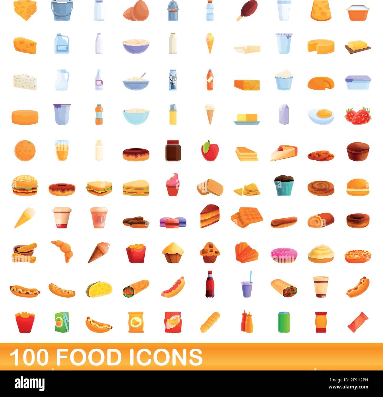 100 Essen Symbole gesetzt. Cartoon Illustration von 100 Essen Symbole ...