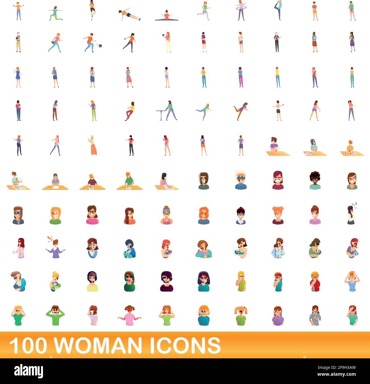 100 Frauen-Symbole gesetzt. Cartoon Illustration von 100 Frau Icons ...