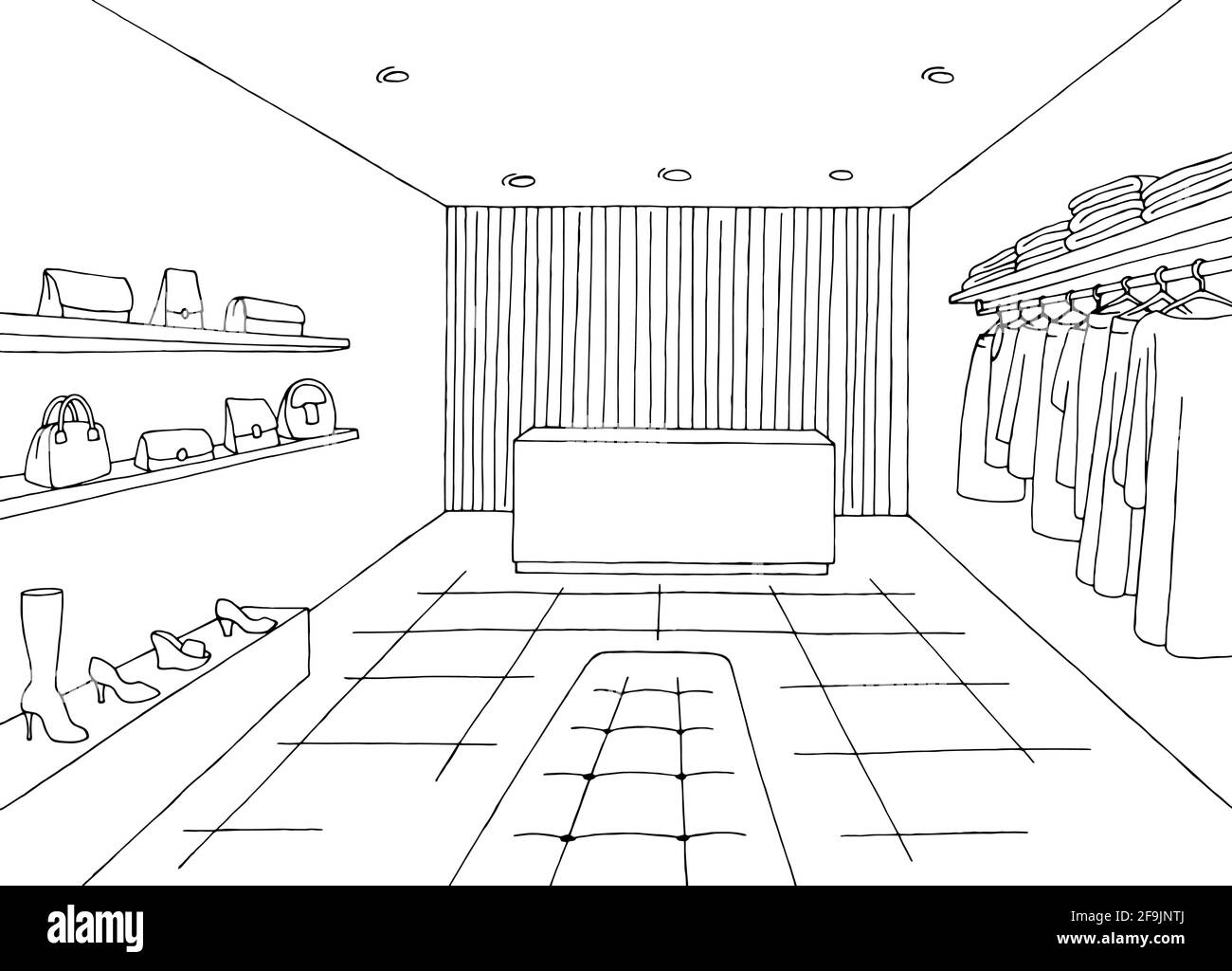 Shop Interieur Store Grafik schwarz weiß Skizze Illustration Vektor ...