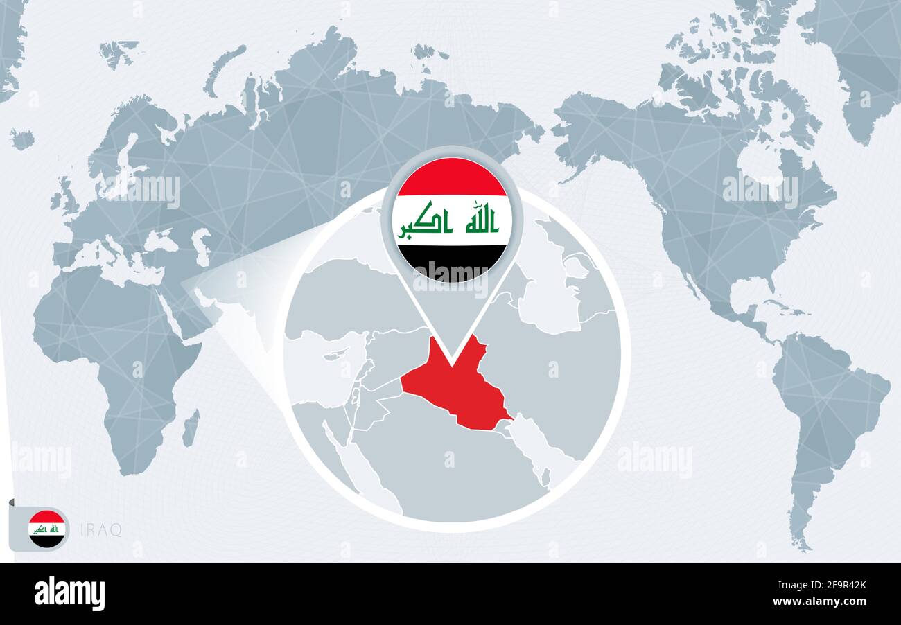 Pazifische Weltkarte mit vergrößerten Irak. Flagge und Landkarte des ...