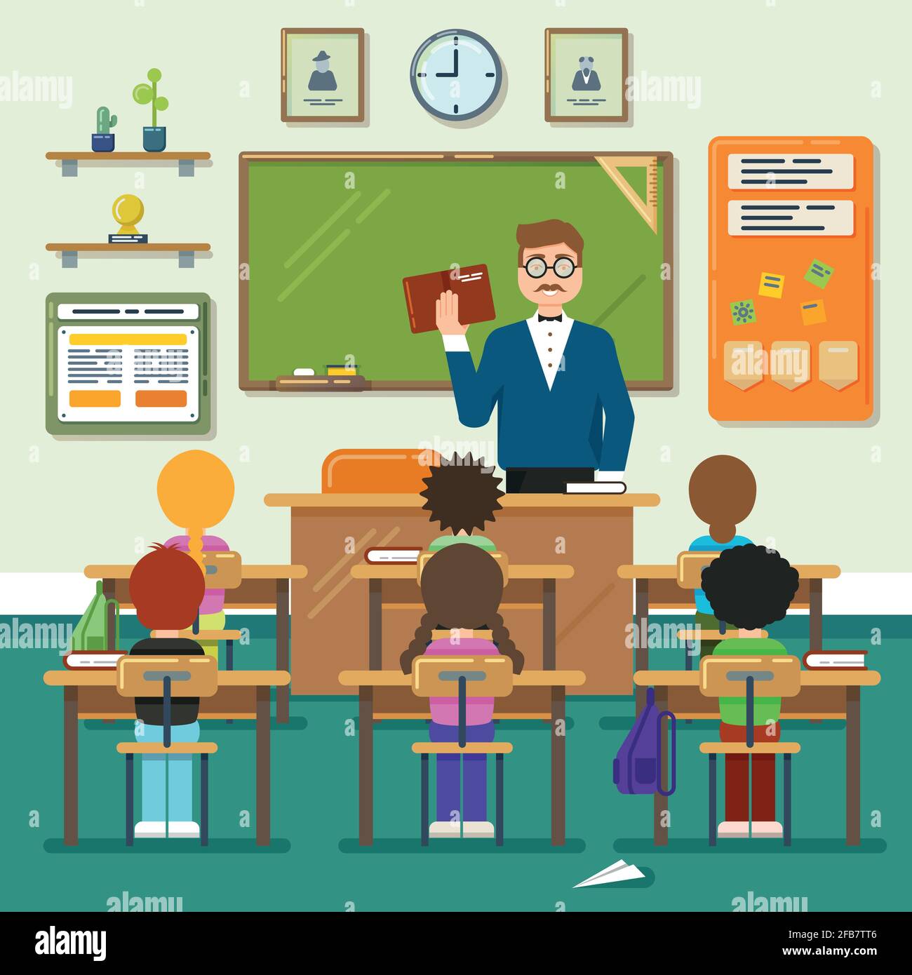 Schulklasse mit Schulkind, Schülern und Lehrern. Vektorgrafik flach ...