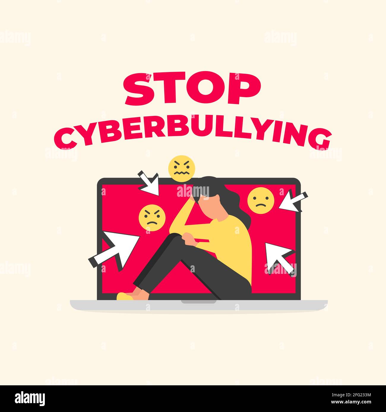 Stoppen Sie Cybermobbing Text mit traurigen Frau auf dem Laptop sitzen ...