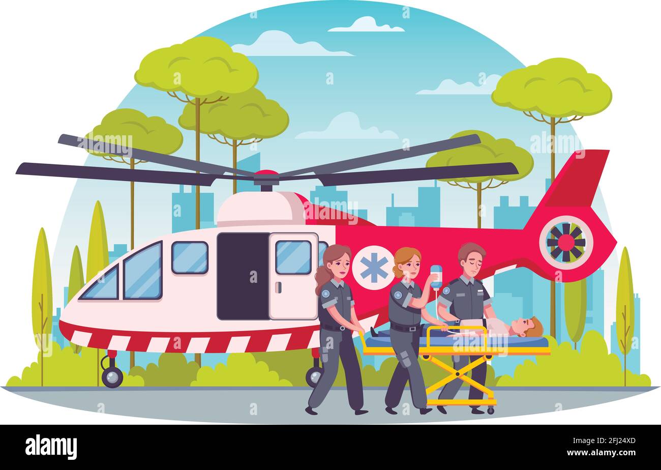 Sanitäter erste-Hilfe-Cartoon-Konzept mit Hubschrauber Krankenwagen ...