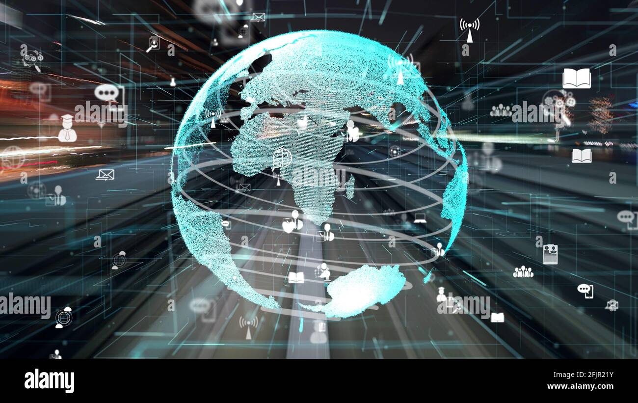 Schnelle digitale Datenfluss auf Straße mit globalen Netzwerk-Grafik ...