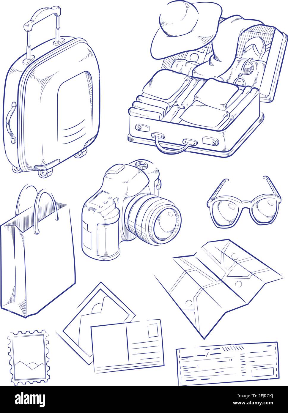 Skizze Urlaub Reisen Koffer Urlaub Doodle Outline Vektor Zeichnung ...