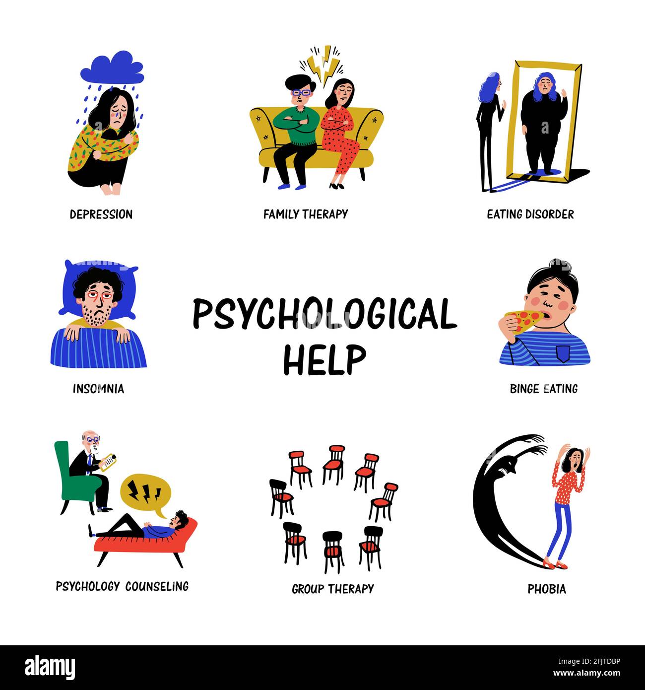 Psychologische Hilfe. Satz handgezeichneter Symbole zum Thema ...