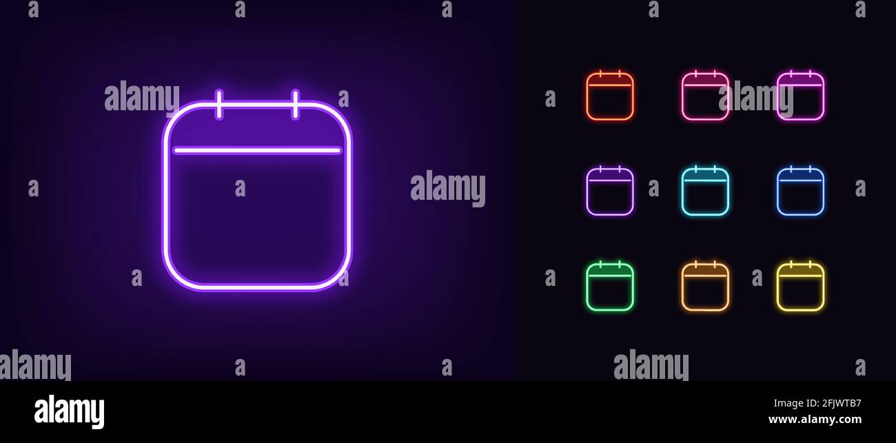 Neonkalendersymbol. Leuchtendes Neon-Schild mit Kalender-Piktogramm in ...
