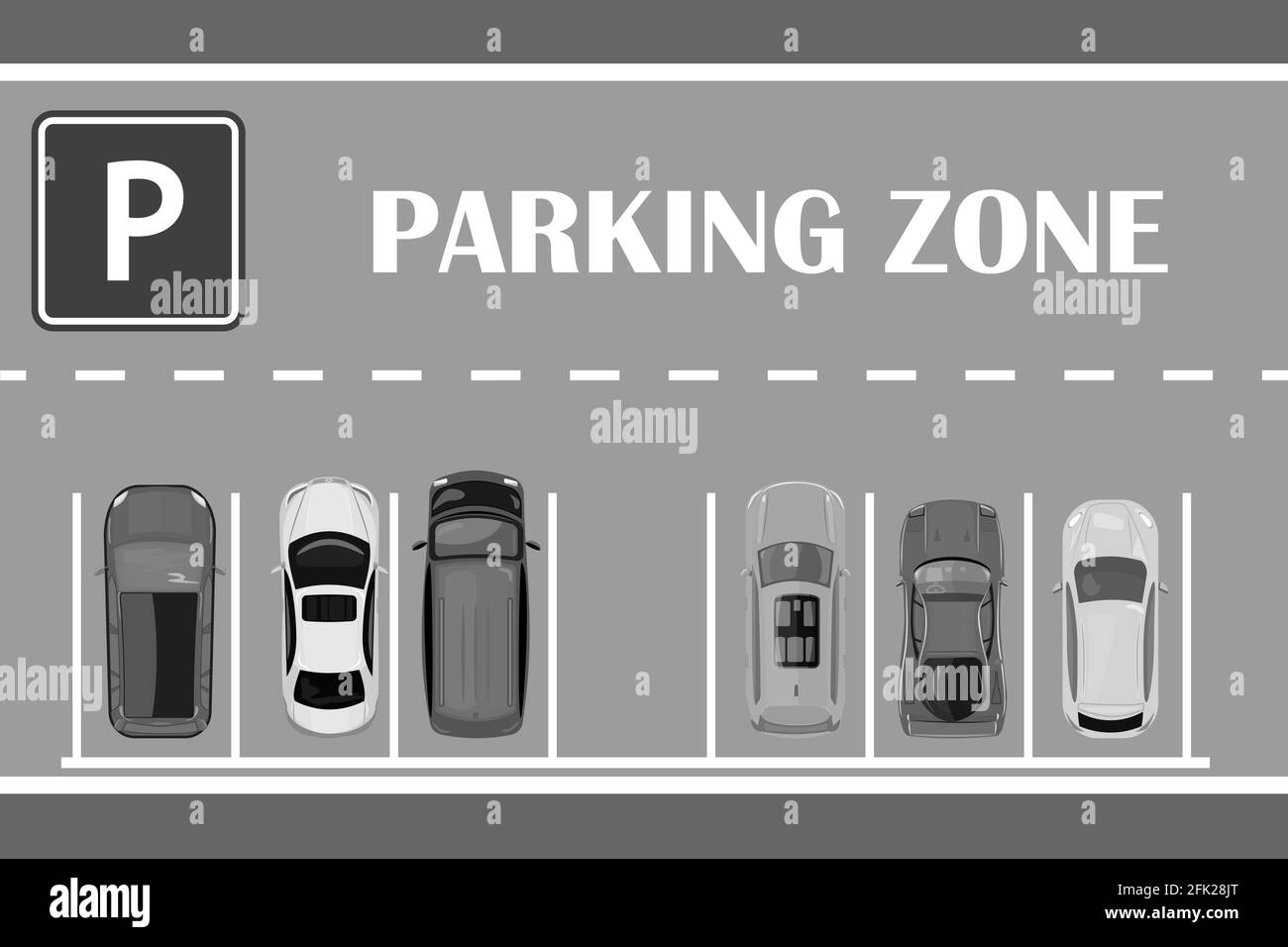 Parkzone Draufsicht. Parkplatz mit Autos, Straßenmarkierungen, leere Reihe, Text und Zeichen ...