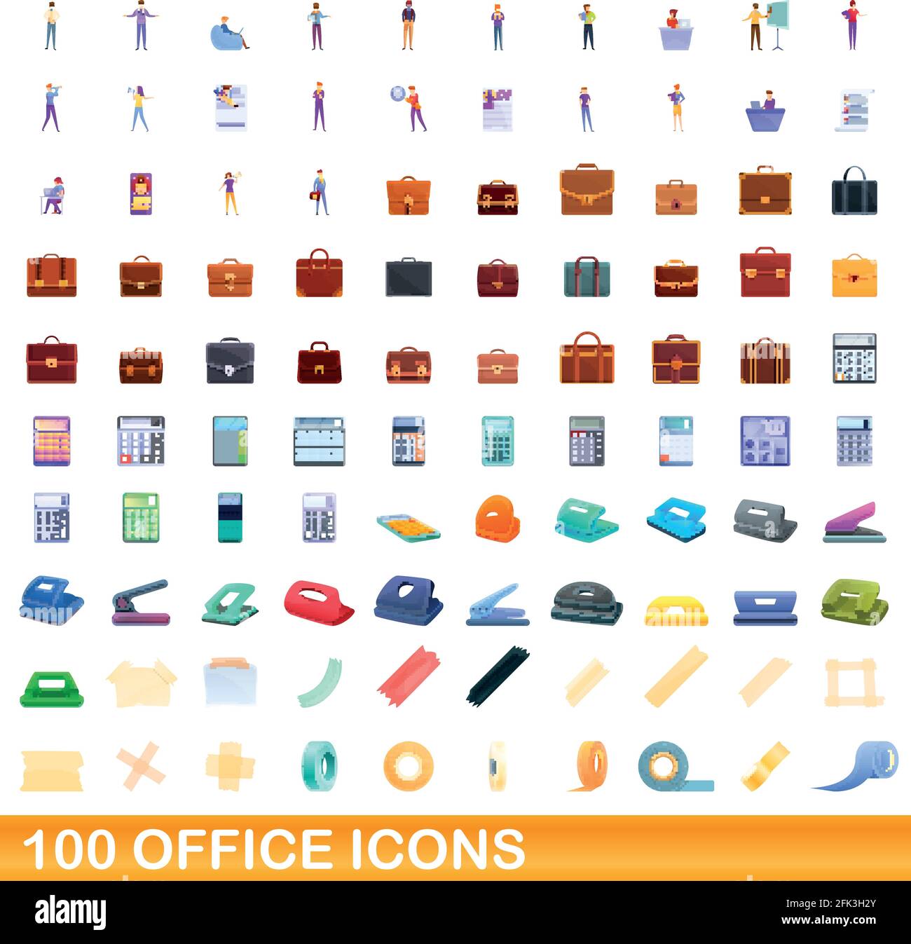 100 Bürosymbole eingestellt. Cartoon-Illustration von 100 Büro-Symbole ...