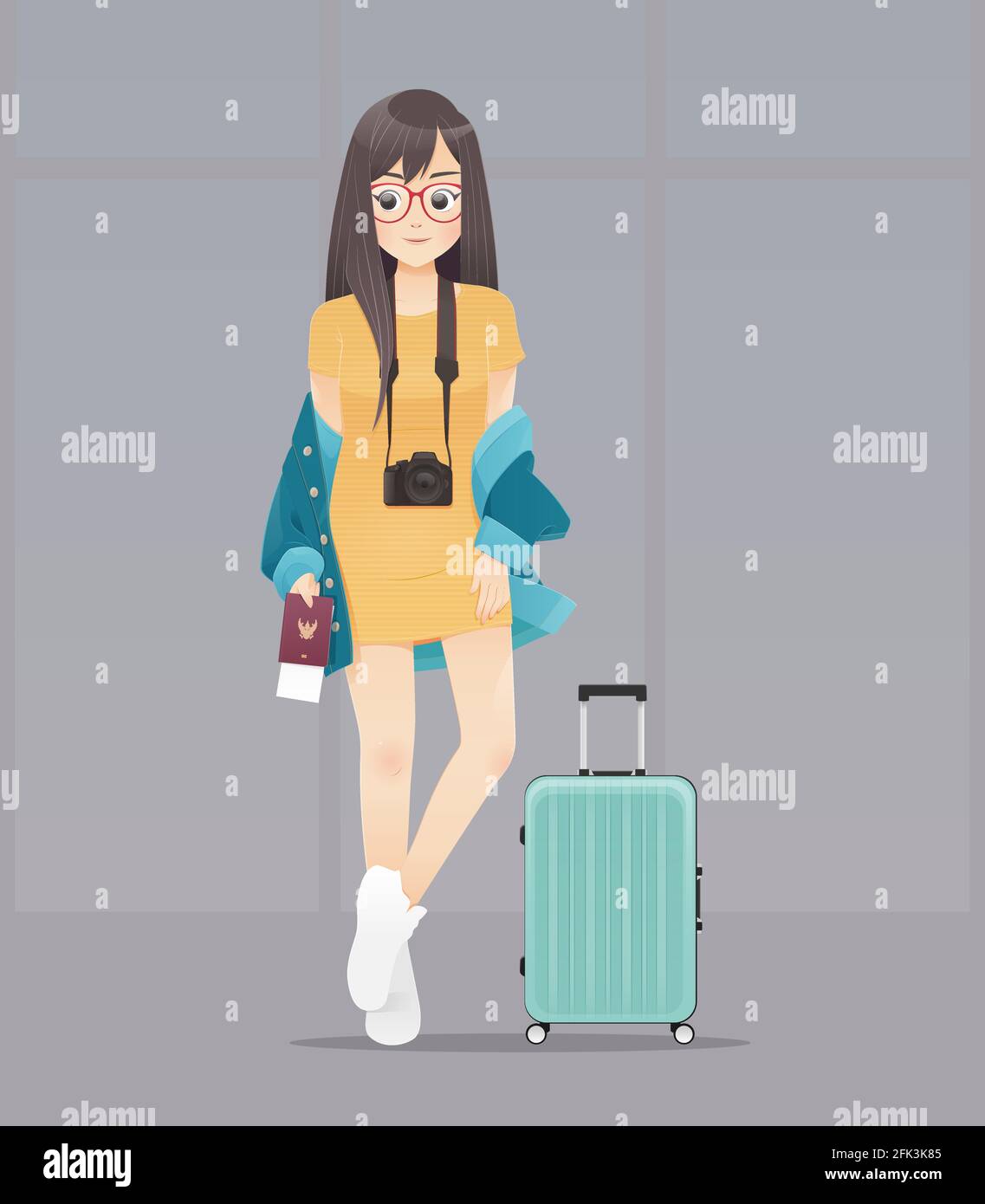 Cartoon Frau mit Reisepass und Gepäck auf grauem Hintergrund, Reisepass ...
