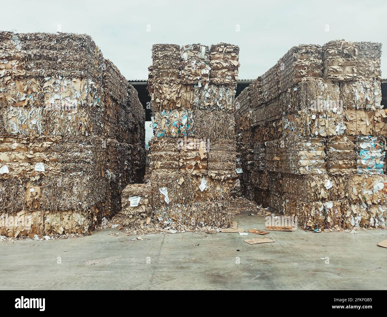 Nahaufnahme von Stapeln von gepressten Altpapierballen im Hof ...