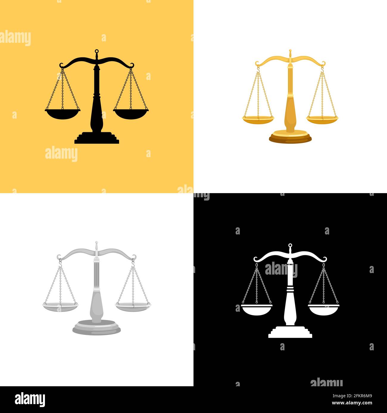 Set mit Court-Skalen. Gerechtigkeit Balance Symbole und Anwälte ...