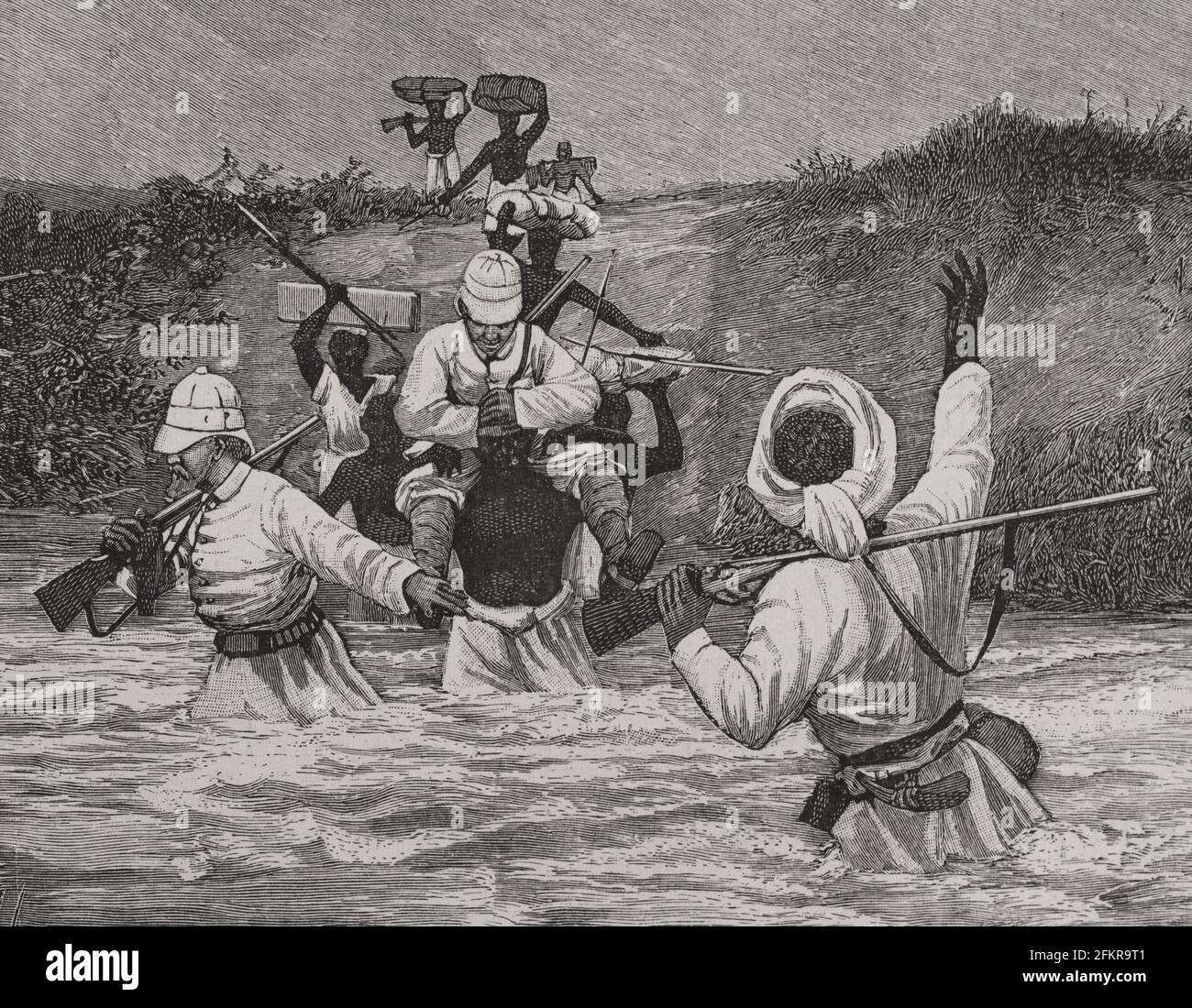 Geschichte Afrikas. 19. Jahrhundert. Kongo. Passage eines Flusses ...