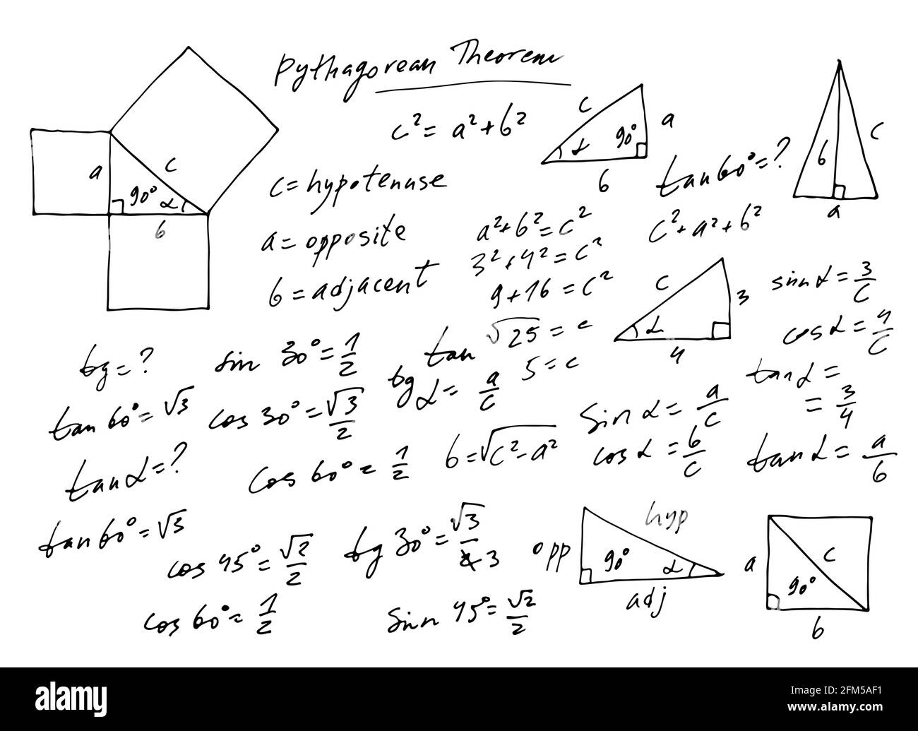 Handgeschriebenes trigonometrisches Vektorset, handgezeichnete monochrome mathematische Formeln ...