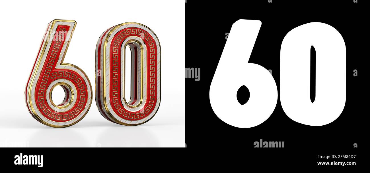 Zahl sechzig (Zahl 60) mit rotem transparentem Streifen auf weißem ...