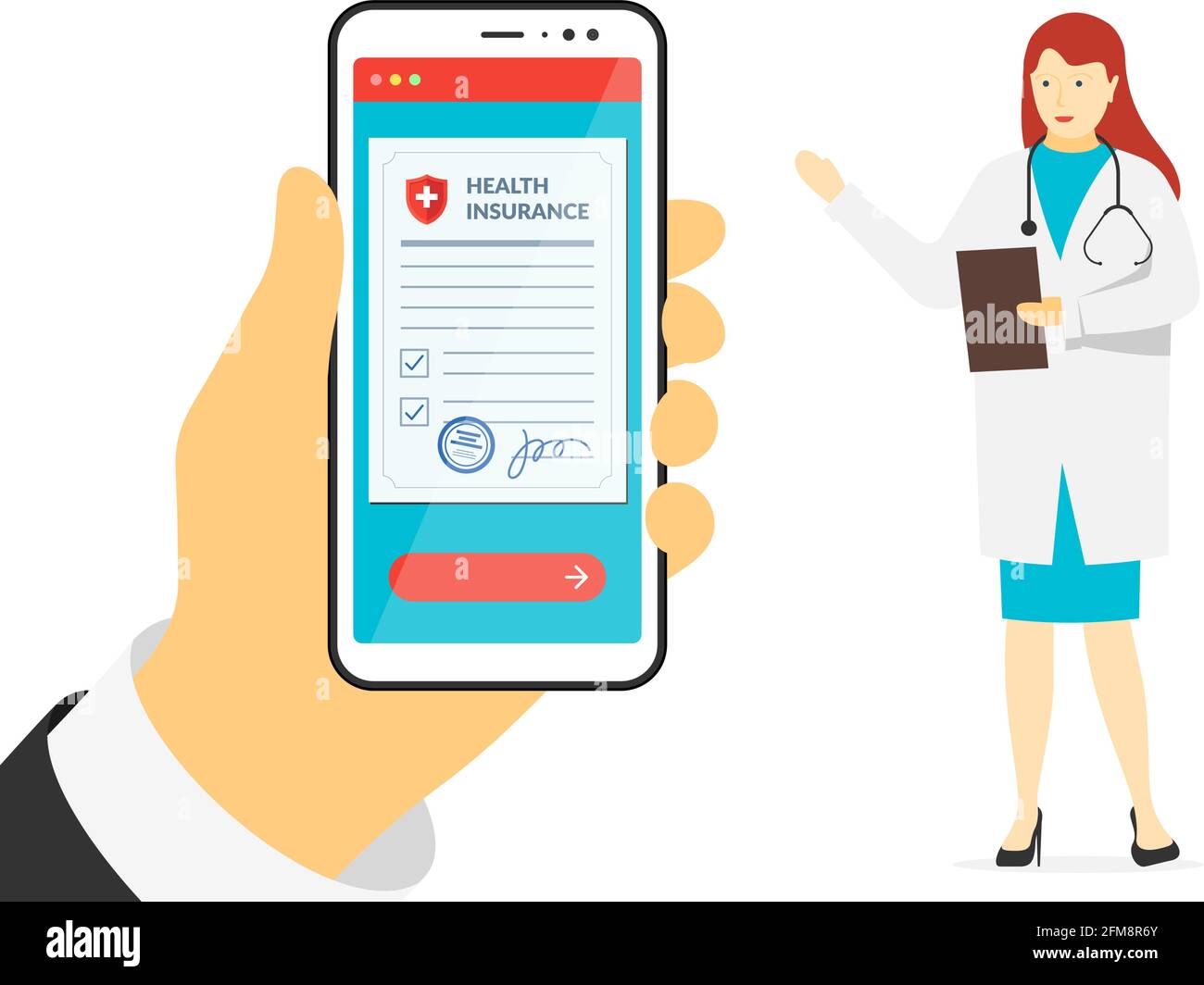 Patient Hand hält Smartphone mit Krankenkassenformular und Ärztin ... Patient Hand hält Smartphone mit Krankenkassenformular und Ärztin ...