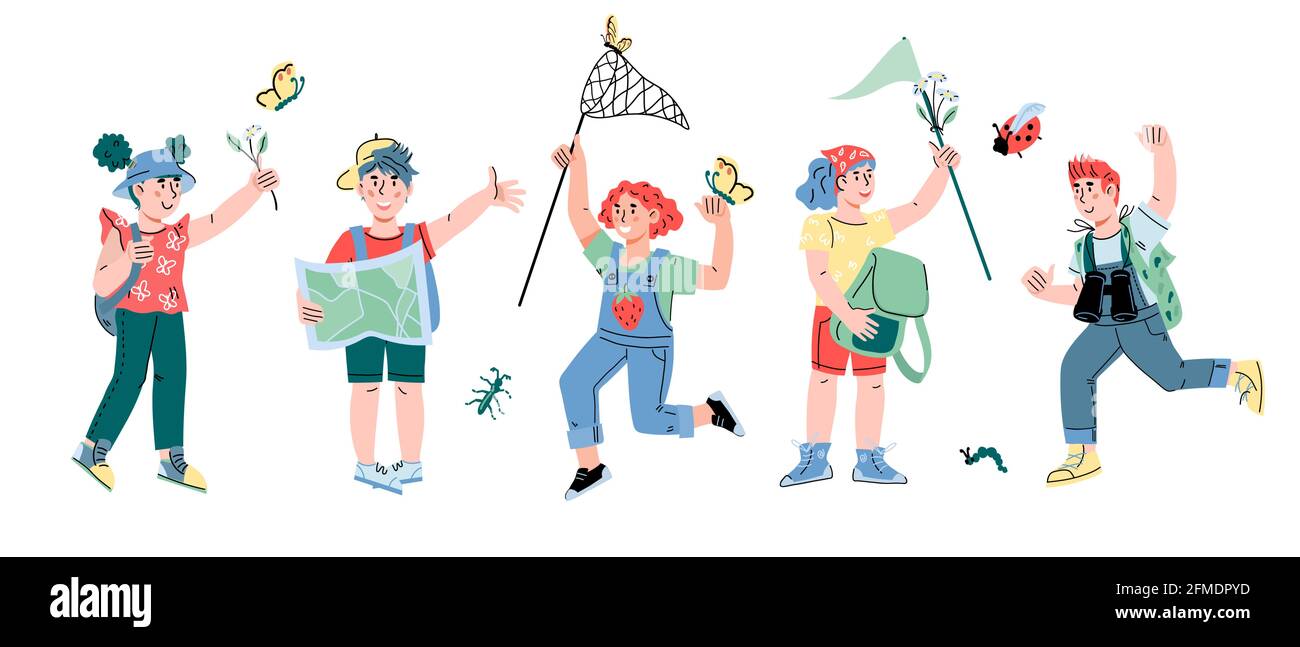 Gruppe von fröhlichen Sommerkindern, kleine Touristen oder Camper ...