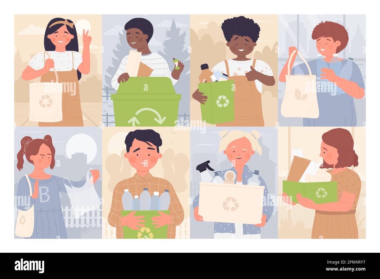 Kinder, die Abfall sortieren, Umweltschutz Vektor Illustration set ...