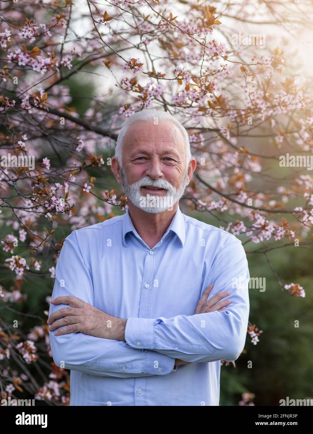 Porträt eines älteren Mannes mit gekreuzten Armen, der neben dem ...