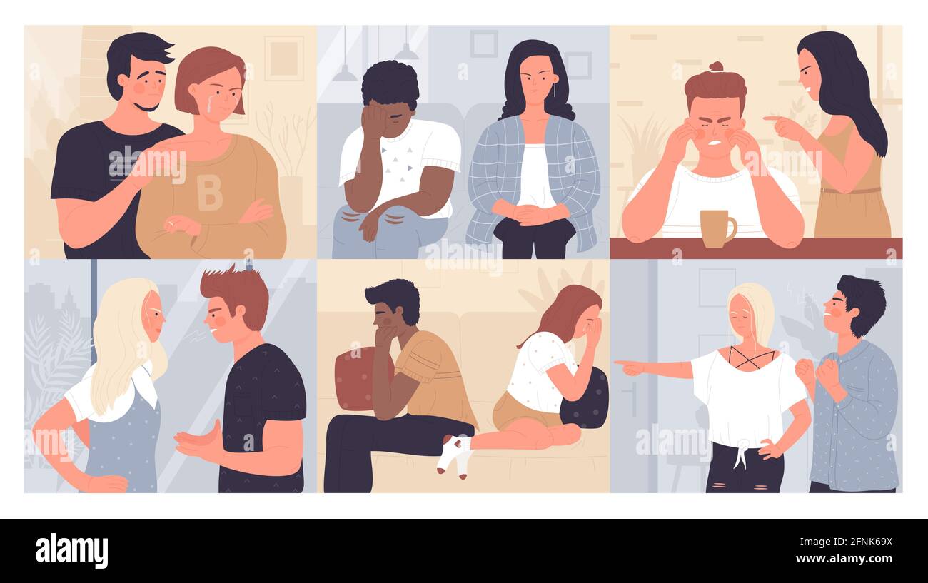 Paar Menschen streiten Vektor Illustration Set. Cartoon junge wütend ...