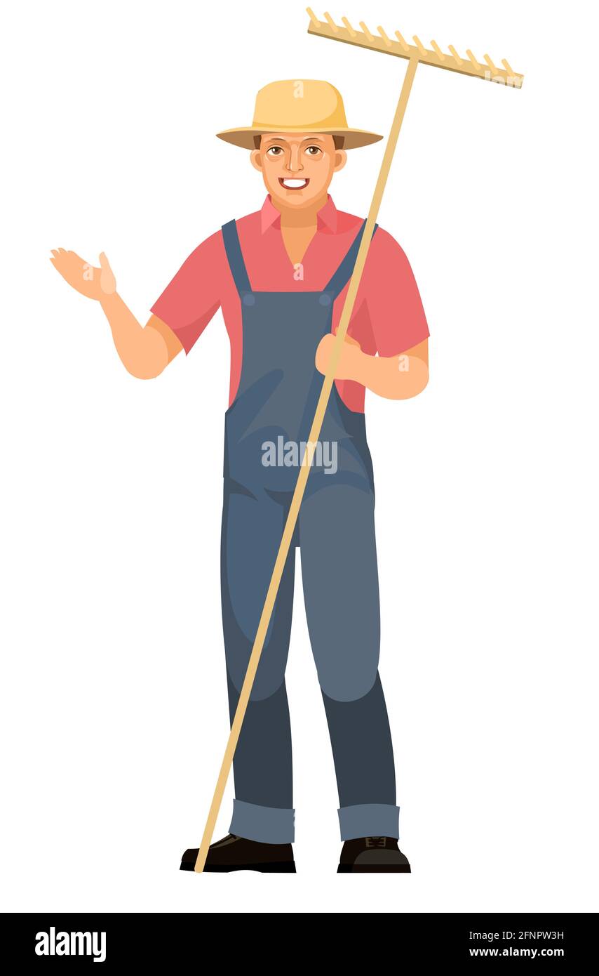 Der Bauer steht. Junger hübscher netter Junge mit Hut. Zeigt mit seiner ...