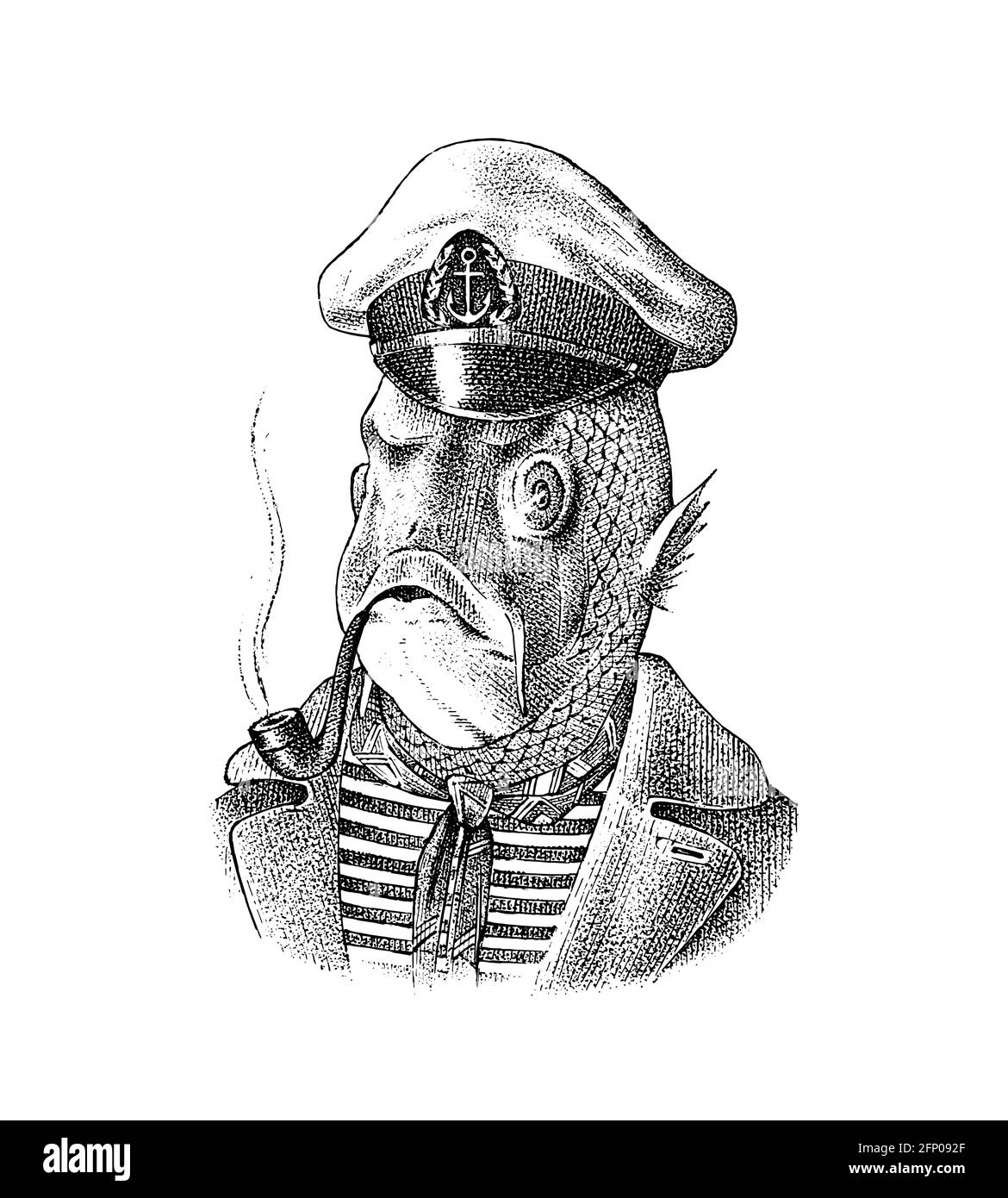 Fisch Mann Seemann mit einer Pfeife. Mariner in Mütze und Weste ...