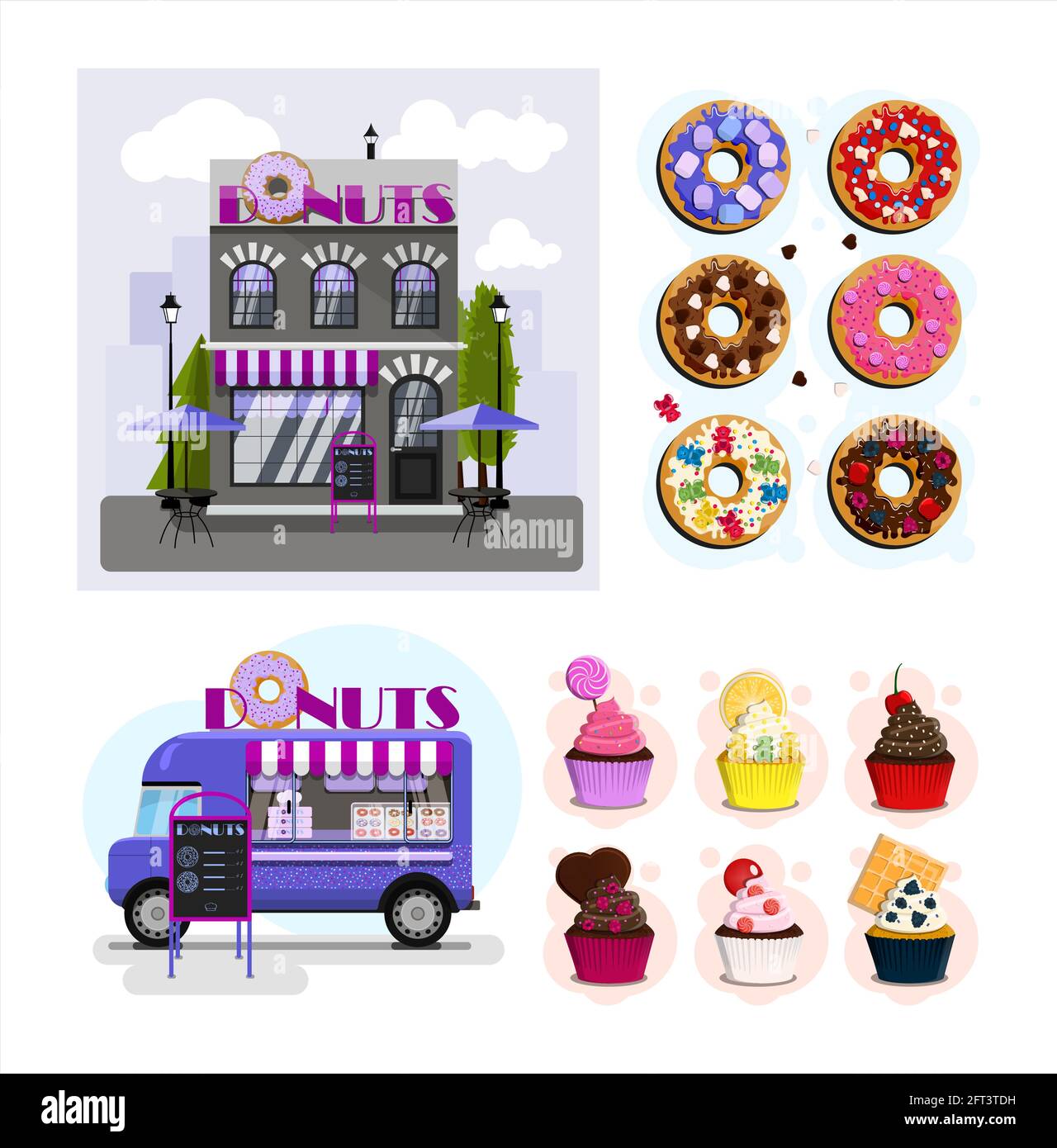 Set mit großen Donuts. Donuts Cafe außen Vektor Illustration. Flaches ...