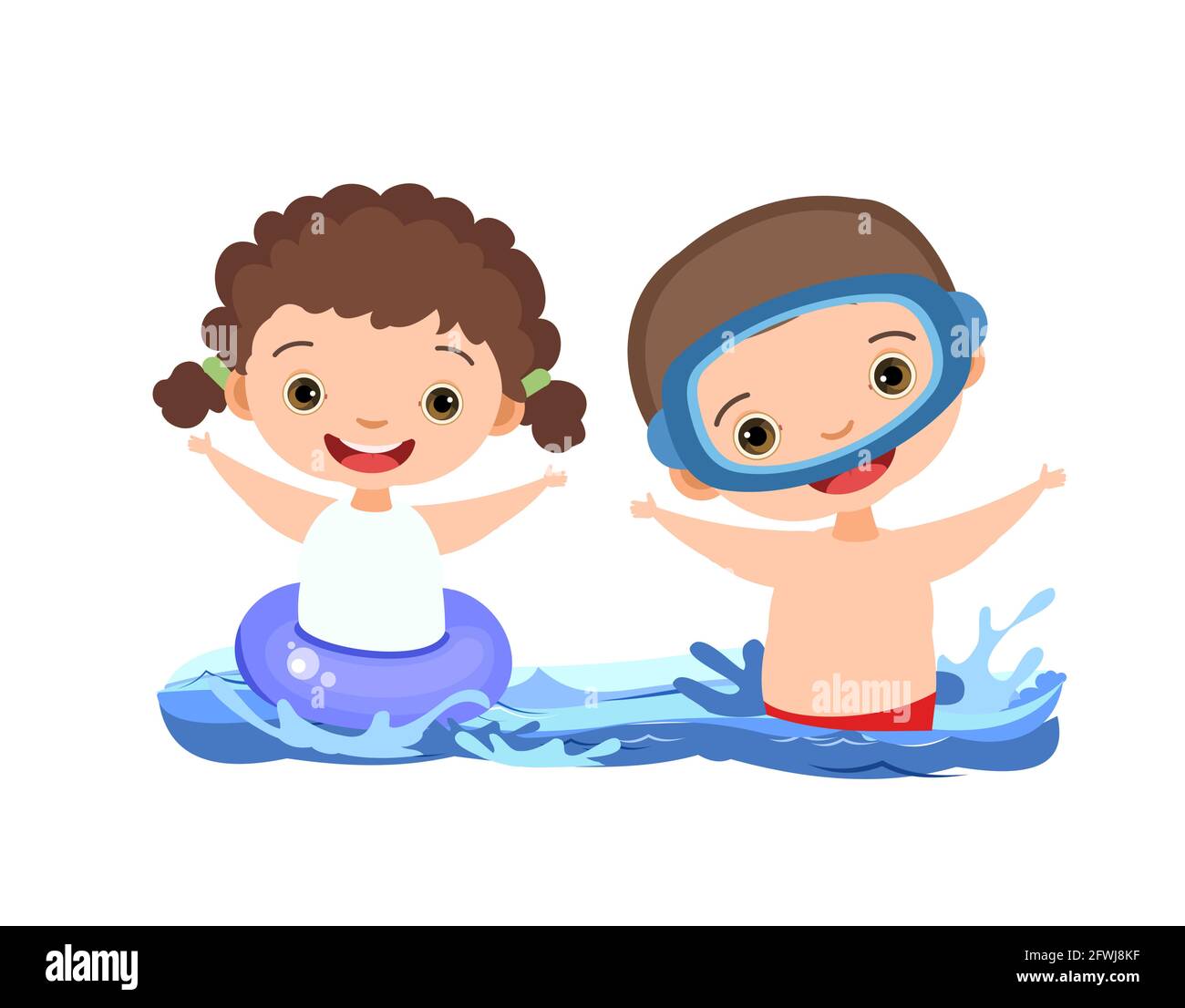 Mädchen und Jungen haben Spaß und planschen im Wasser. Schwimmen ...