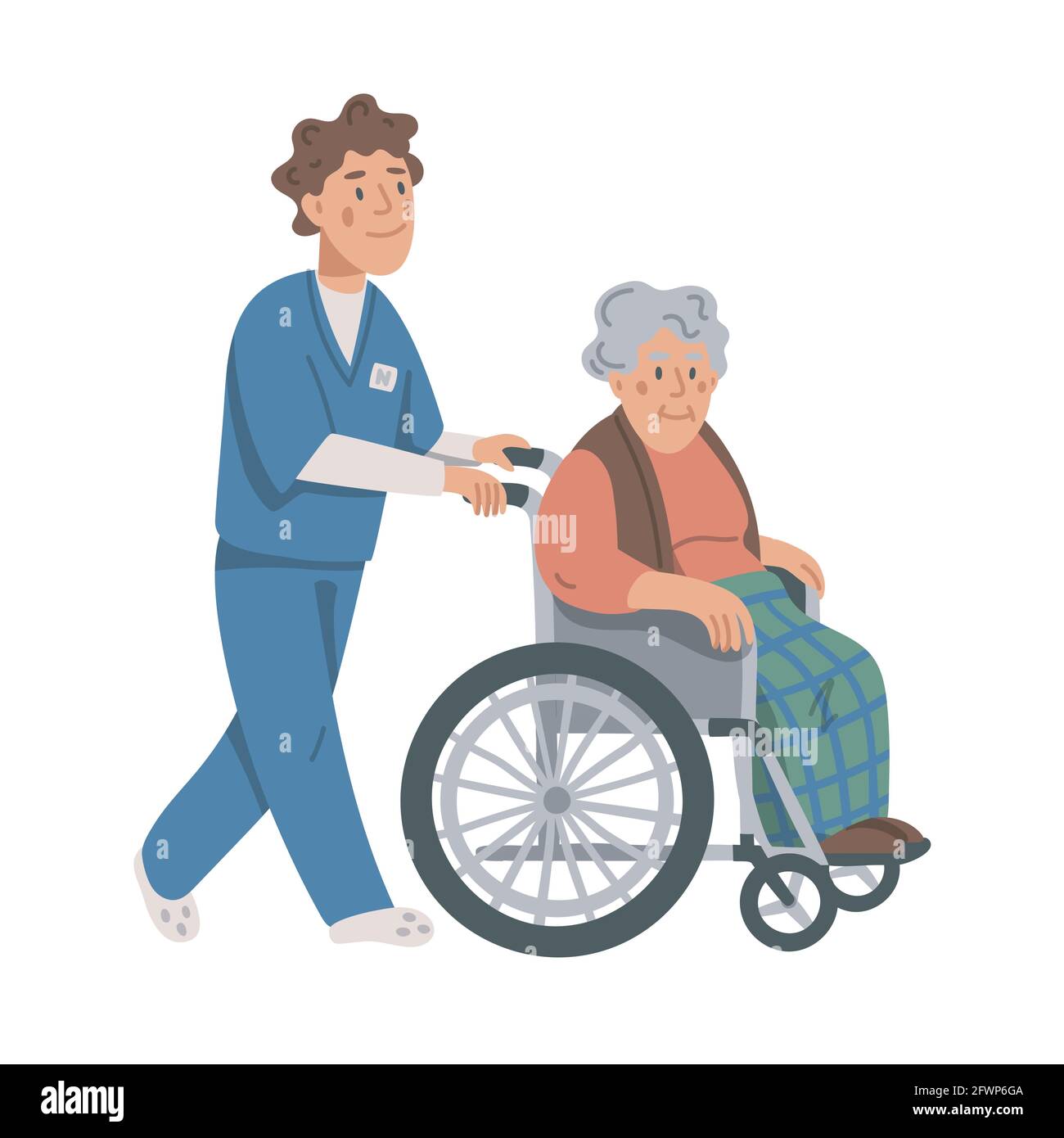 Ältere Frau im Rollstuhl und Krankenschwester auf weißem Hintergrund ...