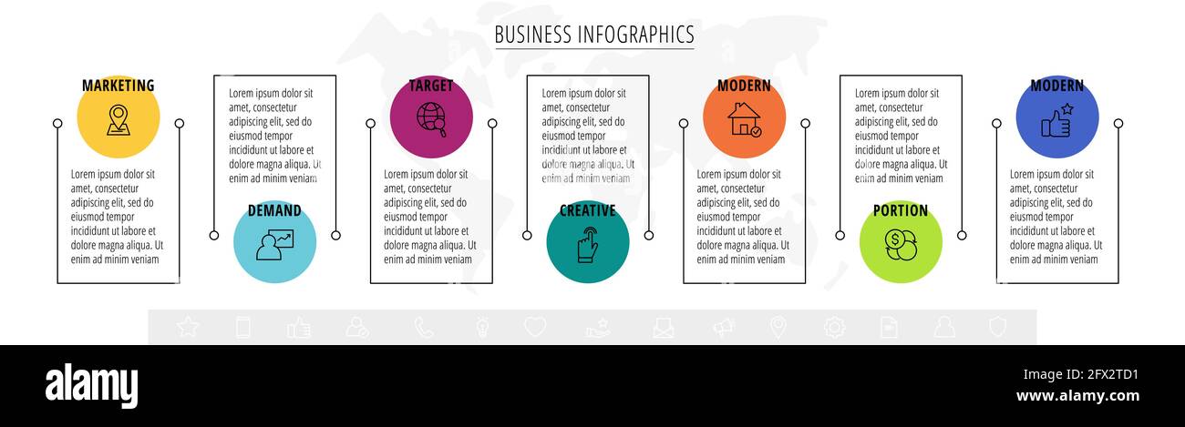 Moderne und Linienvektor-Infografik mit Kreisen und sieben Schritten ... Moderne und Linienvektor-Infografik mit Kreisen und sieben Schritten ...